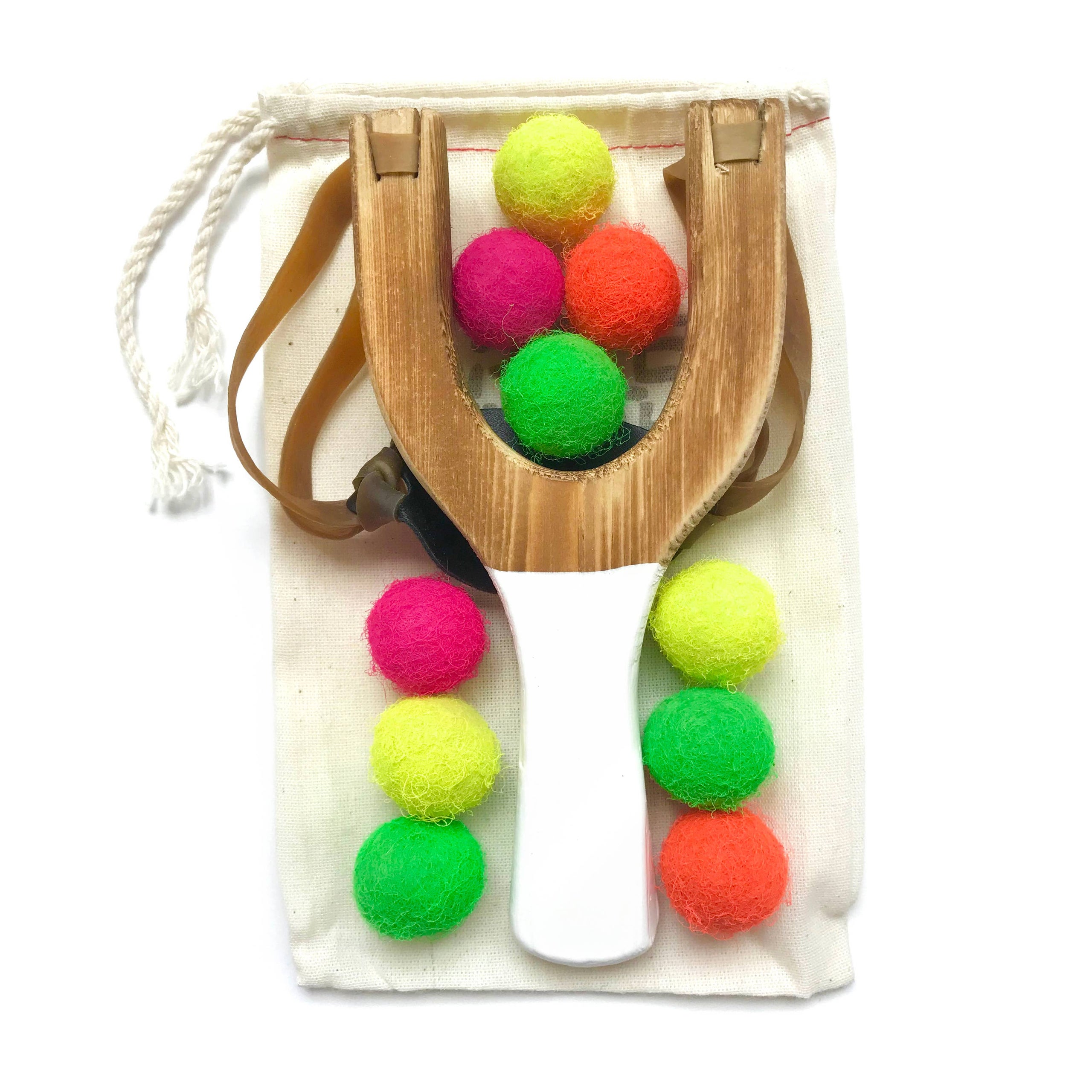 Wooden Slingshot with Neon Felt Balls | La Piccolina